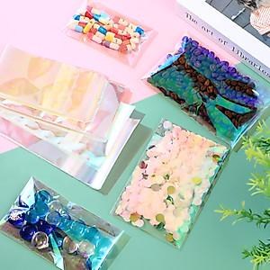 4 Size 240 Pieces Resealable Reliable Bags Iridescent Holographic Cellophane Treat Bag, Self-Sealing Bag for Candy Aluminum Foil Bags for Baby Shower Weddings Girl Themed Birthday Party