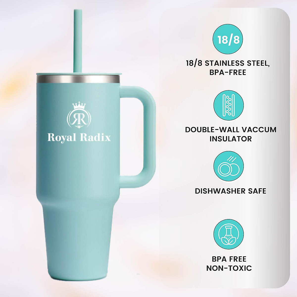 Royal Radix 40oz Insulated Tumbler with Handle & Straw, Stainless Steel Travel Mug, Leak-Proof, Hot & Cold Beverage Cup, BPA-Free, Dishwasher Safe, for Coffee & Water