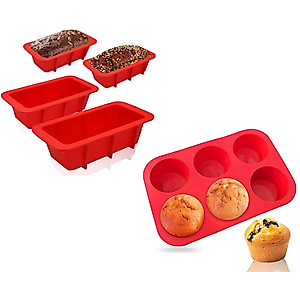 Walfos 6 Cup Jumbo Silicone Texas Muffin Pan + 4 Pieces Non-Stick Silicone Bread Loaf Pan Super Value Set.