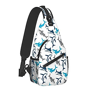 zcvojmu Sling Backpack,Crossbody Sling Bag For Men Women Travel Hiking Daypacks Pattern Rope Chest Shoulder Daypack (Shark Print)