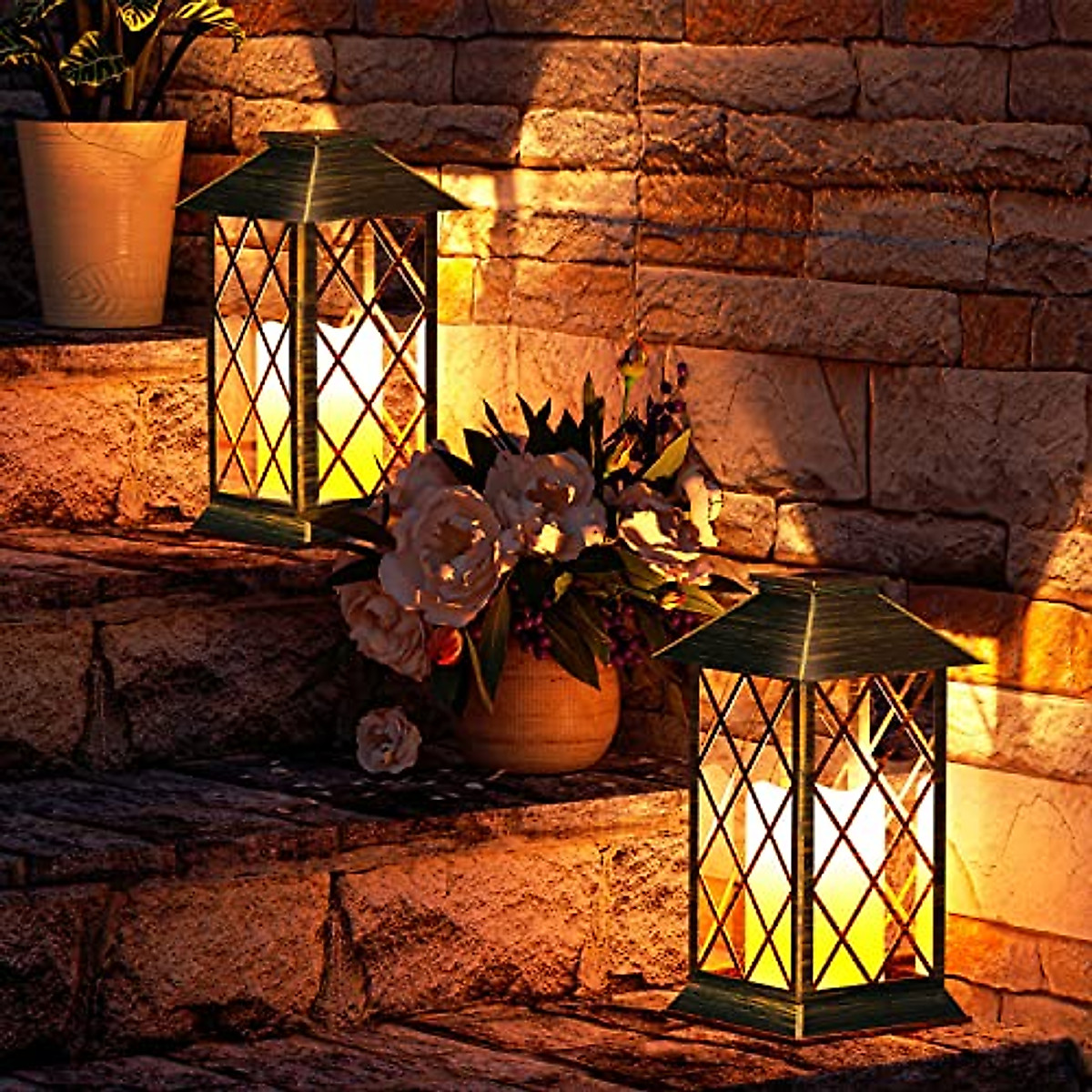 Fuairmee Solar Lanterns Outdoor Waterproof, Set of 2 Hanging Lantern with Brackets, 14 inch LED Flickering Flameless Candle Lights, Outdoor Lanterns for Front Porch Pathway Courtyard Party Patio