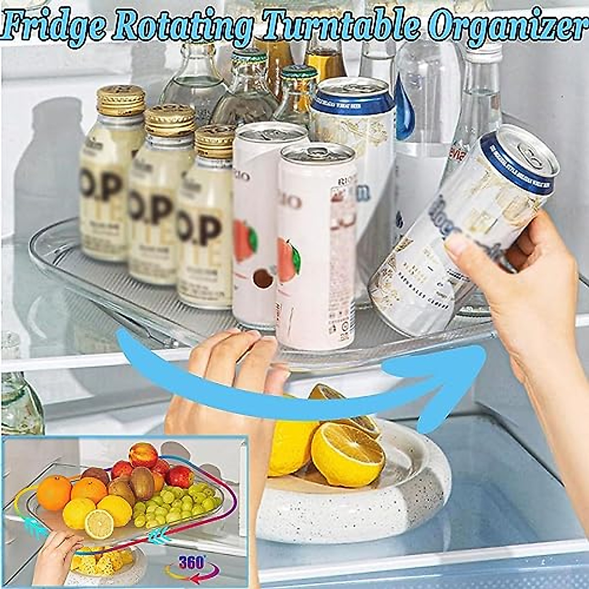 Square Lazy Susan for Refrigerator, Non-Skid Rotating Rectangular Lazy Susan Turntable Organizer for Refrigerator, Table, Pantry, Cabinet, Countertop (13.8''x10.8'')