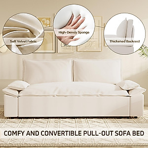 HomSof 70.1" Queen Pull Out Sofa Bed, 3-in-1 Convertible Sleeper Sofa with 2 Soft Pillows,Multi-Functional Velvet Loveseat Bed,Beige
