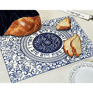 Rite Lite Glass Challah Board, Blue Damask Pattern Shabbat Challah Tray - Shabbat Gifts, Shabbat Blue Glass Challah Board 13" L