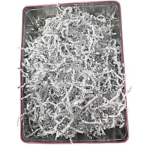 YOUZEY Crinkle Cut Paper Shred Filler - Beautiful Gift Box Filler - Great for Gift Wrapping & Basket Filling - Box Confetti Shredded - Box Stuffing - White & Silver(Small)