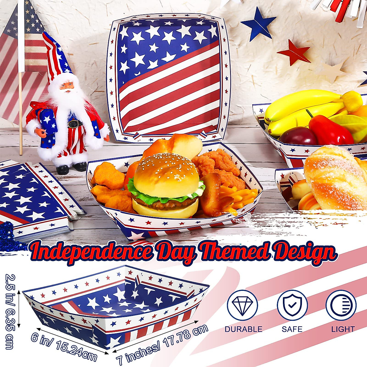 Sieral American Flag Paper Food Tray Independence Day Dinnerware Party Decorations Red White and Blue Paper Hot Dog Trays Patriotic Theme Candy Food Serving Trays for 4 of July Supplies (100 Pcs)