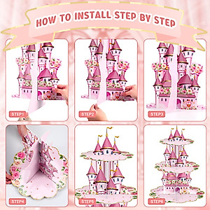 Zopeal 3 Tier Princess Birthday Cupcake Stand Party Decorations Floral Princess Cupcake Holder Pink Castle Crown Carriage Dessert Tower for Girls Birthday Princess Theme Baby Shower Party Supplies