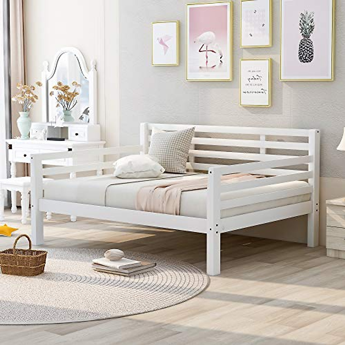 Myshle Full Size Daybed Frame, Wooden Full Day Bed with Wood Slat Support, Upgraded Full Bed Frame, Full Size Sofa Bed for Bedroom, Living Room, No Box Spring Needed, White