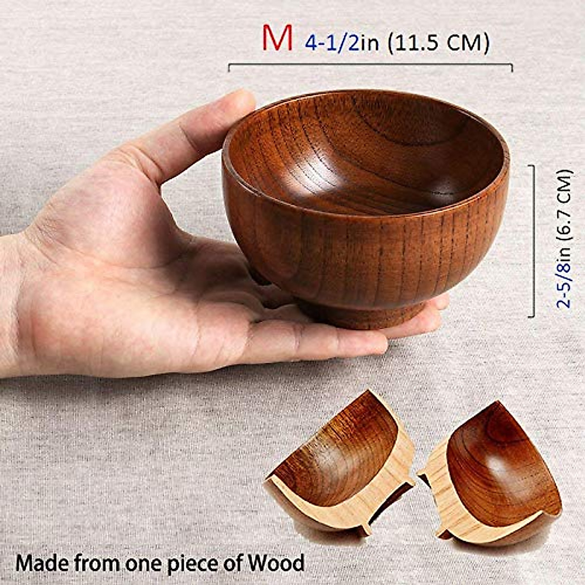 Erhai Jujube Japanese-Style Wooden Bowl Wooden Rice Bowl Noodle Bowl Solid Wood Bowl, Diameter 4.5 Inches By 2-5 / 8 Inches, for Rice, Soup, Dipping, Decoration (Medium) 4 Packs