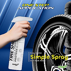SansZo Tire Shine - One-Step Automotive Clear Coat Tire Dressing Spray for Glossy Wet Tire Look - Non-Greasy Auto Detailing for Rubber, Vinyl & Plastic, with UV Protector, with Microfiber Cloth, 24oz