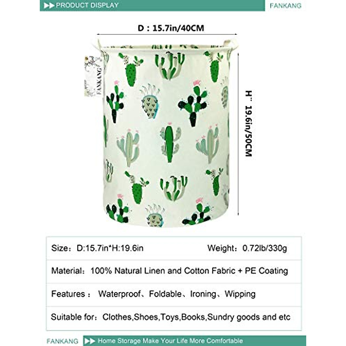 FANKANG Storage Bins Nursery Hamper Canvas Laundry Basket Foldable with Waterproof PE Coating Large Storage Baskets Gift Baskets for Kids Boys and Girls, Office, Bedroom, Clothes,Toys (Cactus)