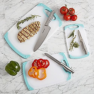 Farberware Non Slip Plastic Cutting Board Set with Juice Grooves, Set Of 3, White and Aqua