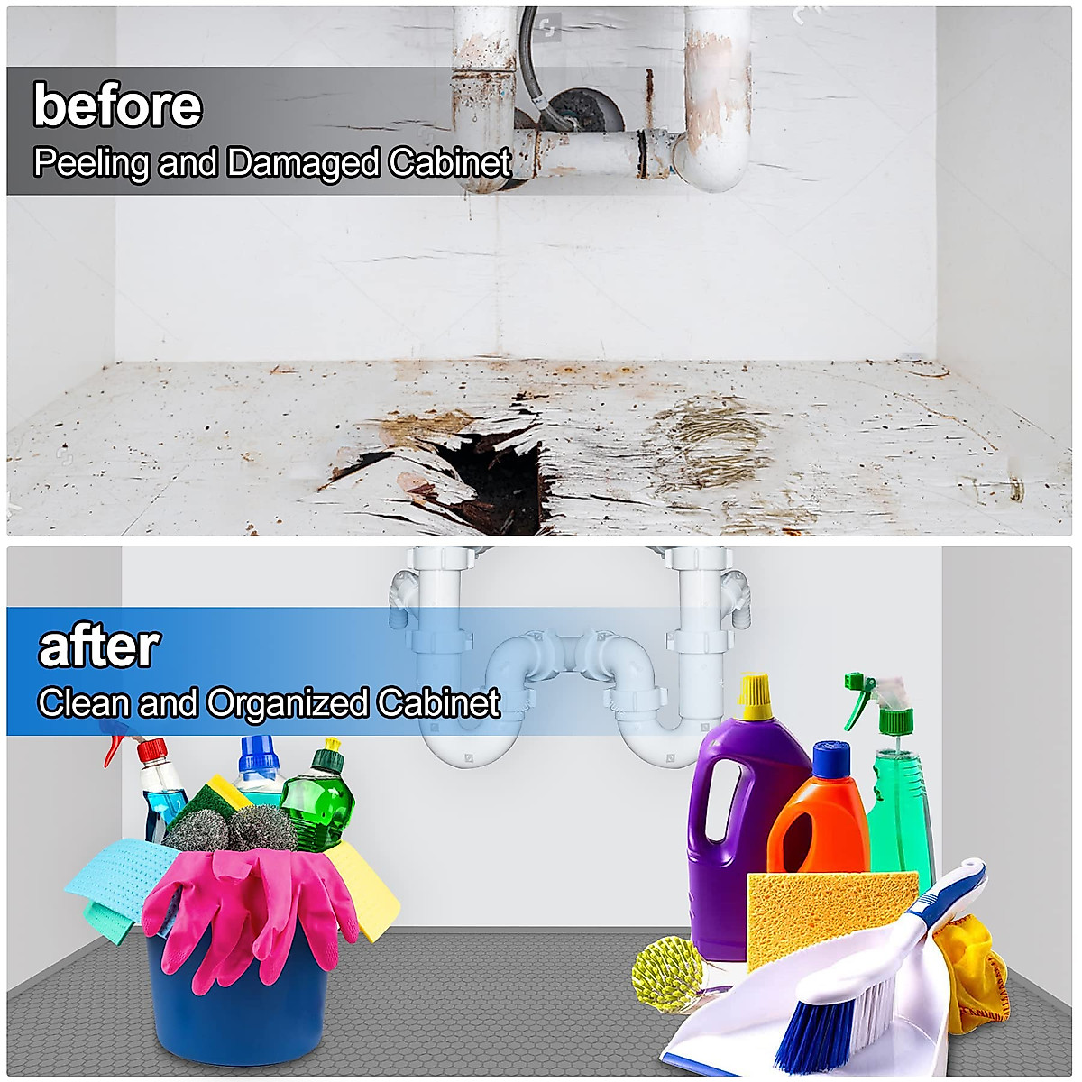 Jifunull Under Sink Mat for Kitchen Cabinet, 34" x 22" Silicone Waterproof Under Sink Tray with Drain Hole, Liner Protector for Kitchen, Bathroom and Laundry Room, Hold Up to 2 Gallons, Grey