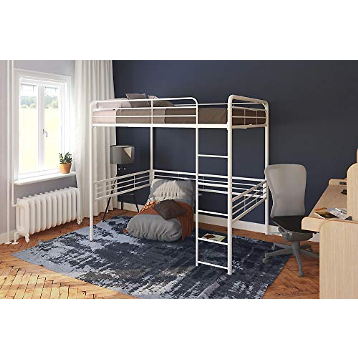DHP Full Metal Loft Bed with Ladder Space-Saving Design, White