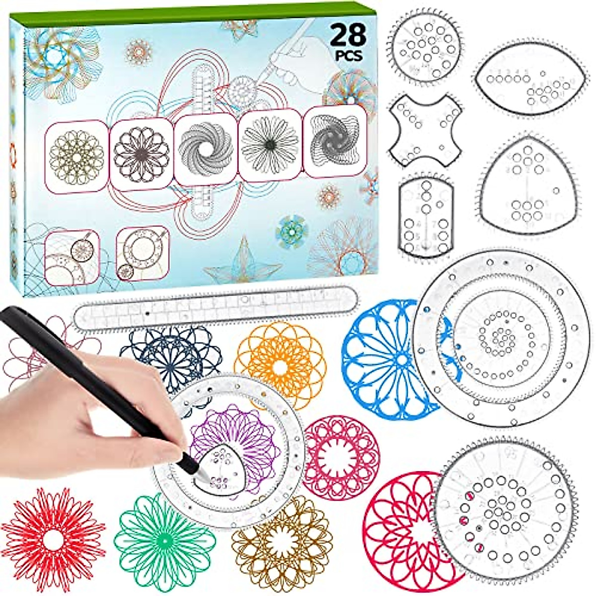 Spiral Art Clear Gear Geometric Ruler 28 Pcs Spiral Circle Template for Drawing Plastic Template Ruler Drawing Toys Spiral Curve Stencils with Pens Paper for Drawing DIY Art Crafts Sketch Creation