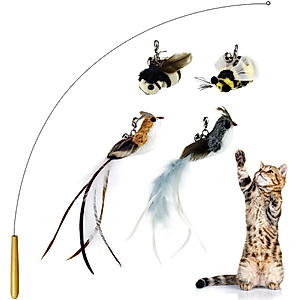 TTcat Interactive Bird and Insect Simulation Cat Toy Set with 4 Feather Refills, 29'' Flexible Steel Wire, Sturdy Wood Handle & Bell,Cat Wand Toys for Indoor Cat and Kitten.