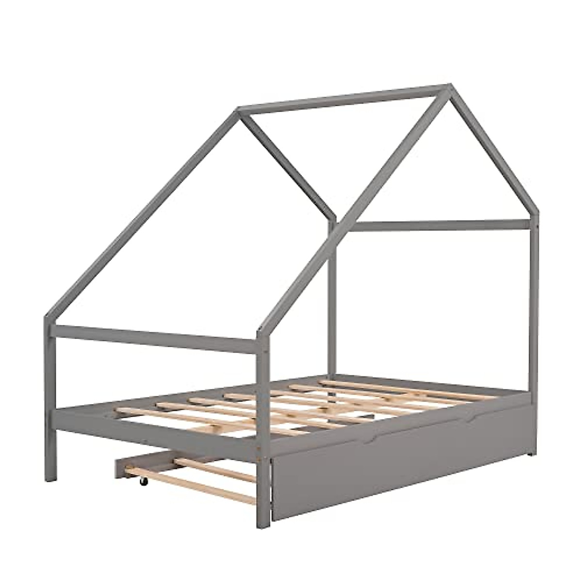 ODC Wooden House Bed Full Size Daybed with Twin Size Trundle Bed, Platform Bed with Roof, Can be Decorated, Solid Wood Bed Frame for Kids, Teen, Toddler