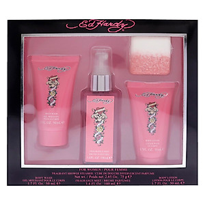 Ed Hardy Women's Perfume Gift Set, 4 Pieces Include Fragrance Mist, Body Lotion, Body Wash, and Fragrant Bath Fizz