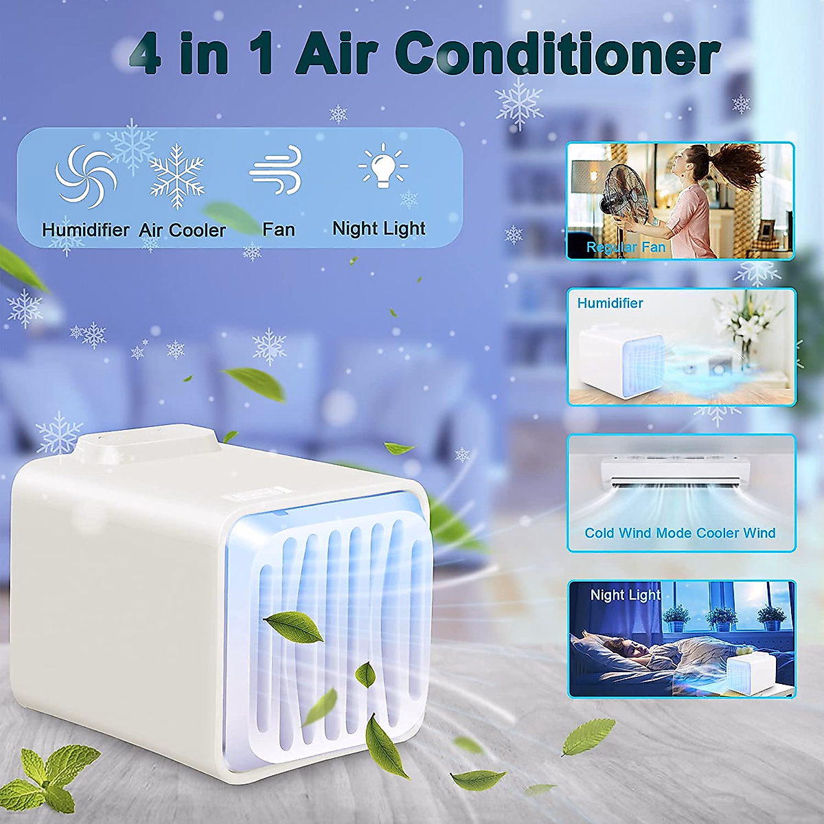 BEKTUTO Portable AC Air Conditioner, Mini Cooling Fan with 2 Ice Packs USB & LED, Adjustable Speeds LED Night Light Personal Air Cooler for Room Office Bedroom Outdoor