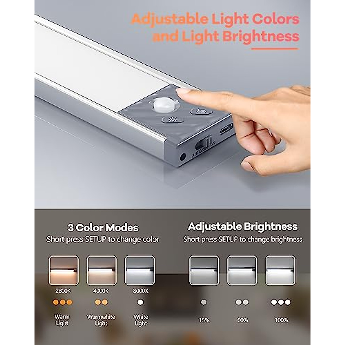 65 LED Under Cabinet Lights 2 Packs, 3 Color Temperatures Dimmable Motion Sensor Closet Lights, 2500mAh Rechargeable Under Counter Lights, Wireless Night Lights for Drawer, Wardrobe, Kitchen, Hallway