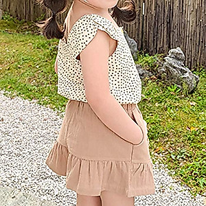 TIBE PINCESS Toddler Baby Girl Summer Clothes Polka Dot Tank Tops Blouses+Linen Ruffles Shorts Clothing Sets Outfits Beige 18-24 Months