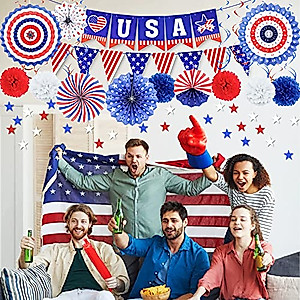 27 Pieces 4th of July Decorations Set, Red White Blue American Flag Hanging Honeycomb Paper Fans, Pom Poms, Swirls, Love USA Banner, Star Garland Patriotic Independence Day Outdoor Party Supplies