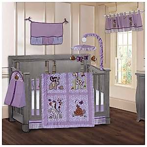 BabyFad Jungle Girl Purple with Elephant, Giraffe, Zebra and Turtle with Musical Mobile 9 Piece Baby Crib Bedding Set 100% Cotton