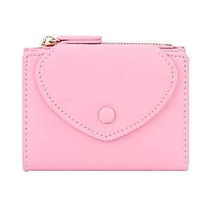 Sunwel Fashion Small Wallet with Heart Bifold Wallet Zipper Pocket Cash Card Holder Coin Purse for Women Girls (PINK)