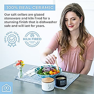 Heartland Home Ceramic Salt and Pepper Bowls. Dual Holder Salt Cellar with Lid. Black and White Stackable Salt Container Set. Salt Keeper, Pepper Bowl, 2 Airtight Wooden Lids. 9oz Salt Box Pinch Dish