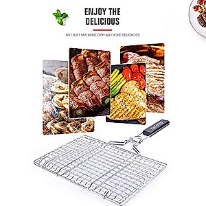 Yeeteching BBQ Grill Basket,430 Durable Food Grade Stainless Steel Fish Grilling Basket with Removable Handle for Fish Vegetable Steak Shrimp with 2 Pack Brushes (grill basket+brushes)