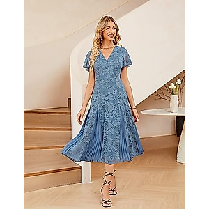 Women's Lace Formal Dress Elegant Classy Pleated A Line Fit and Flare Midi Dresses Blue