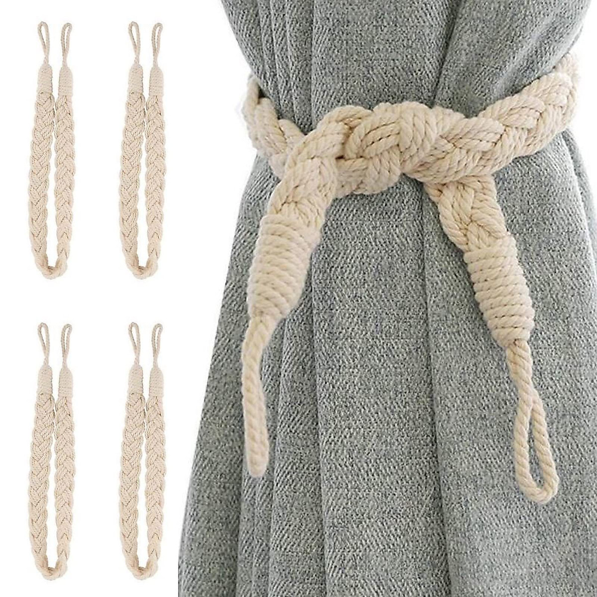 Set of 4 Woven Curtain Ties Beige Strong Magnetic Curtain Tiebacks Rope Decorative Curtain Tie Backs Magnetic Curtain Holders for Drapes Window Treatment Holdbacks