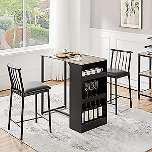 Yaheetech 3-Piece Dining Table Set, Counter Height Dining Table Set for 2, Compact Kitchen Table Set with 3-Layer Side Storage Shelf for Kitchen Restaurant, Black/Gray