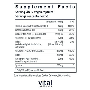Vital Nutrients - Tyrosine and B-Vitamins - Complex Thyroid and Nerve Support Formula - Adrenal Support - 100 Vegetarian Capsules per Bottle