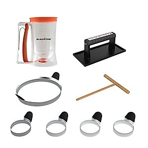 Blackstone 5324 Breakfast Kit (8 Piece) Plastic Batter Dispenser, Cast Iron Bacon Griddle Weight Press, 10 Inches Stainless Steel Omelet Egg Ring, Wood Wooden Crepe Spreader Spatula, Black