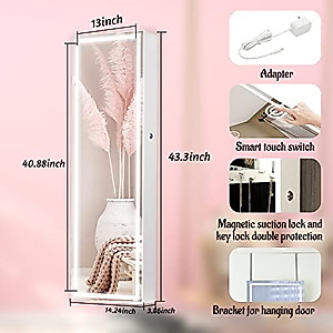 Ntufrest Jewelry Organizer, Touch LED Mirror Jewelry Cabinet,LED Wall/Door Mounted Jewelry Armoires for Women, Full Length Mirror with Jewelry Storage，Magnetic Lock