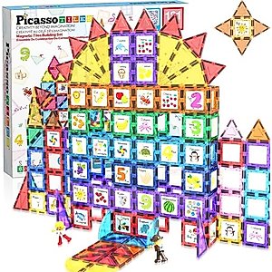 PicassoTiles 121 pc Master Builder Magnetic Building Block Construction Set Magnet Tiles Blocks with Car Truck, 2 Character Action Figures, 28 Educational Alphabet Animal and Number Graphics, Windmill