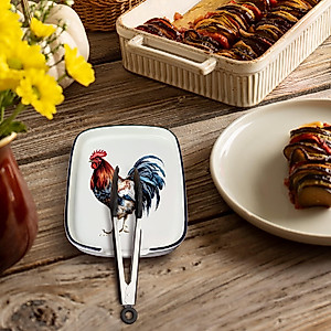 Funny Cute Rooster Patten Ceramic Spoon Rest for Kitchen Stove Top Counter, Large Spoon Holder for Kitchen Counter-Heat Resistant Cooking Utensil Rest Farmhouse Kitchen Décor (Do Not Use Dishwasher)