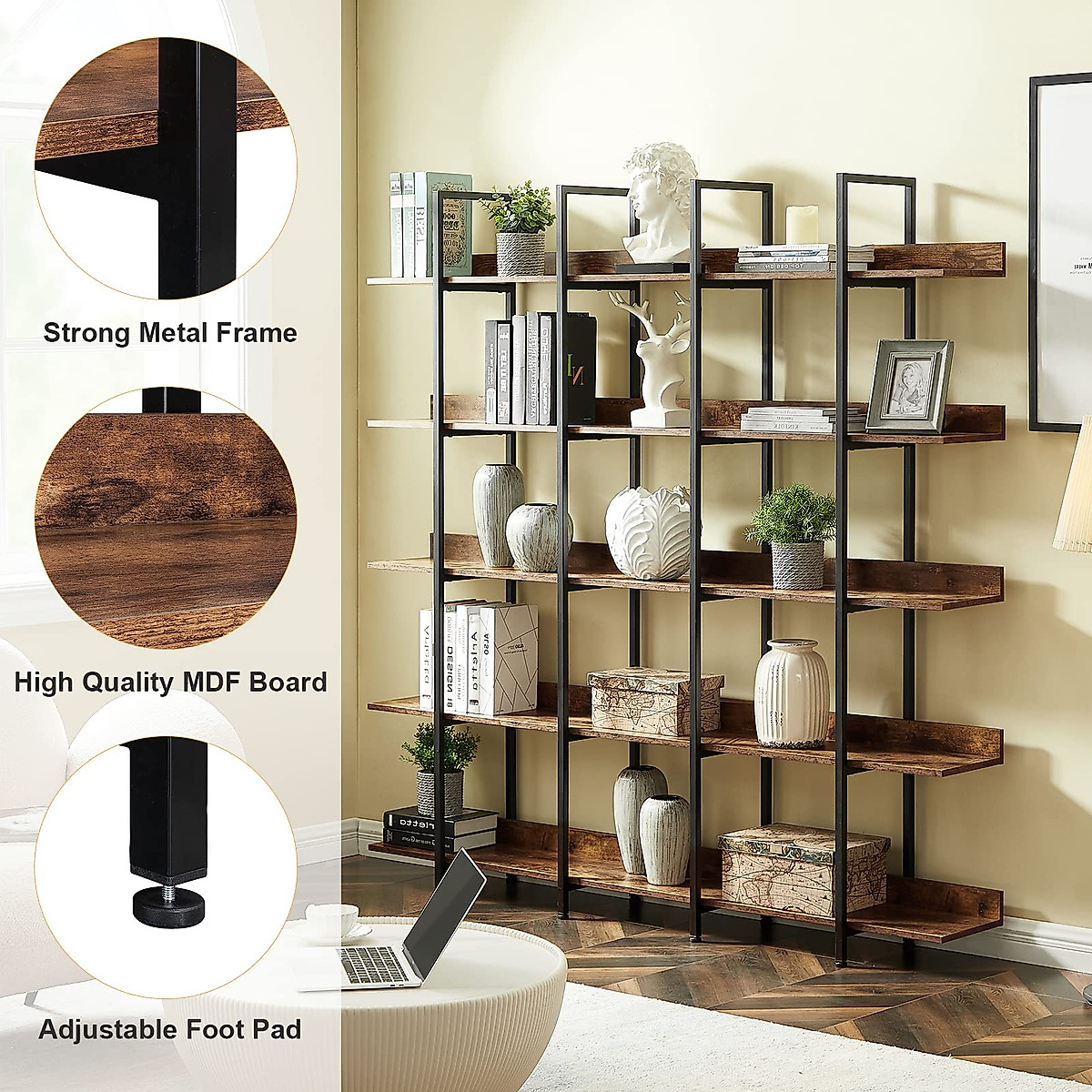 GNIXUU Triple Wide Bookshelf 5-Tier, Industrial Display Bookcase with Metal Frame, Tall Open Storage Book Shelves for Bedroom Living Room Office (Rustic Brown)