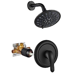 KEWEAI Bathroom Rainfall 8 Inch Shower System Angle Adjustable Circular Rain Shower Head Wall Mount with Curved Extension Arm with Pressure Balance Valve Single Function Matte Black