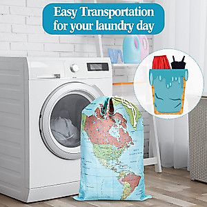 2 Pcs World Map Laundry Bag Travel Laundry Bag Polyester Heavy Duty Laundry with Drawstring Machine Washable Large Dirty Clothes Organizer Travel-size Laundry Bags for Camp Draw String Laundry Bags