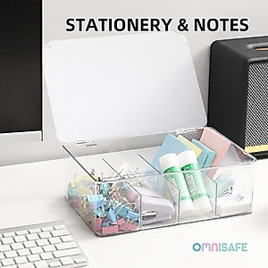 OMNISAFE Divided Clear Plastic Organizer Bin with Hinge Lid, 8 Sections Tea Bag Storage Box for Kitchen, Snacks, Spice Packets,Pouches, Stackable Storage Bin