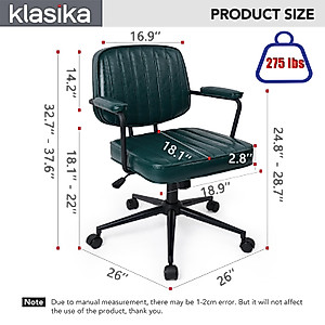 KLASIKA Mid Century Office Chair Retro Leather Desk Chair with Arms Swivel Vintage Chair Adjustable Seat Height & Backrest for Home Office Computer, Green