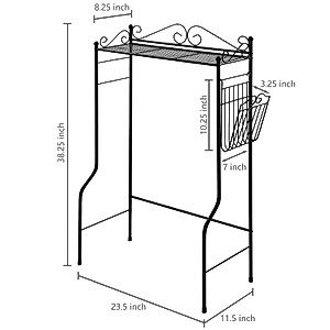 MyGift Black Metal Over The Toilet Standing Shelf with Vintage Scrollwork Accents and Magazine Basket, Freestanding Bathroom Space Saver Organizer Rack