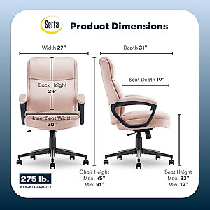 Serta® Comfort Ergo Executive Office Chair, Ergonomic Mid-Back with Extra Lumber Support, Padded Armrests, Adjustable Height and Tilt-Lock Side Lever, Swivel Base, Pink Velvet Fabric
