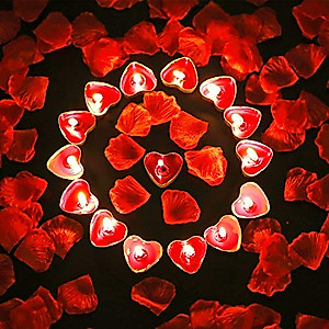 Tatuo 50 Pieces Heart Shape Candles Romantic Tealight Candles and 200 Pieces Silk Rose Petals Faux Flower Petals for Valentine's Day Festival Wedding Birthday Party (Red Candle, Red Petal)