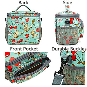 FlowFly Insulated Reusable Lunch Bag Adult Large Lunch Box for Women and Men with Adjustable Shoulder Strap,Front Zipper Pocket and Dual Large Mesh Side Pockets,Cherry