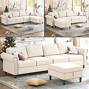 ZAFLY Convertible Sectional Sofa Couch with Movable Storage Ottoman, Linen 4 Seat L Shape Couch with Reversible Chaise, Living Room Sets for Office, Apartment (Beige)