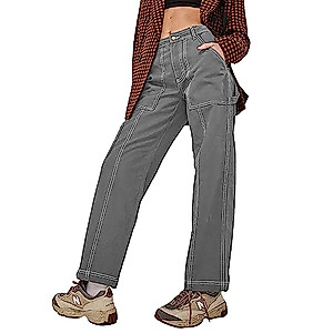 EVALESS Cargo Pants Women Baggy Casual High Waist Wide Leg Pants Fashion 2023 Y2K Street Contrast Stitching 5 Pockets Combat Military Trousers Gray US 6