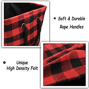 Large Rectangular Foldable Storage Laundry Baskets with Cotton Rope Handles Nursery Soft Felt Fabric Bins Delicate Home Organizer Solution, Red Black Grid, L